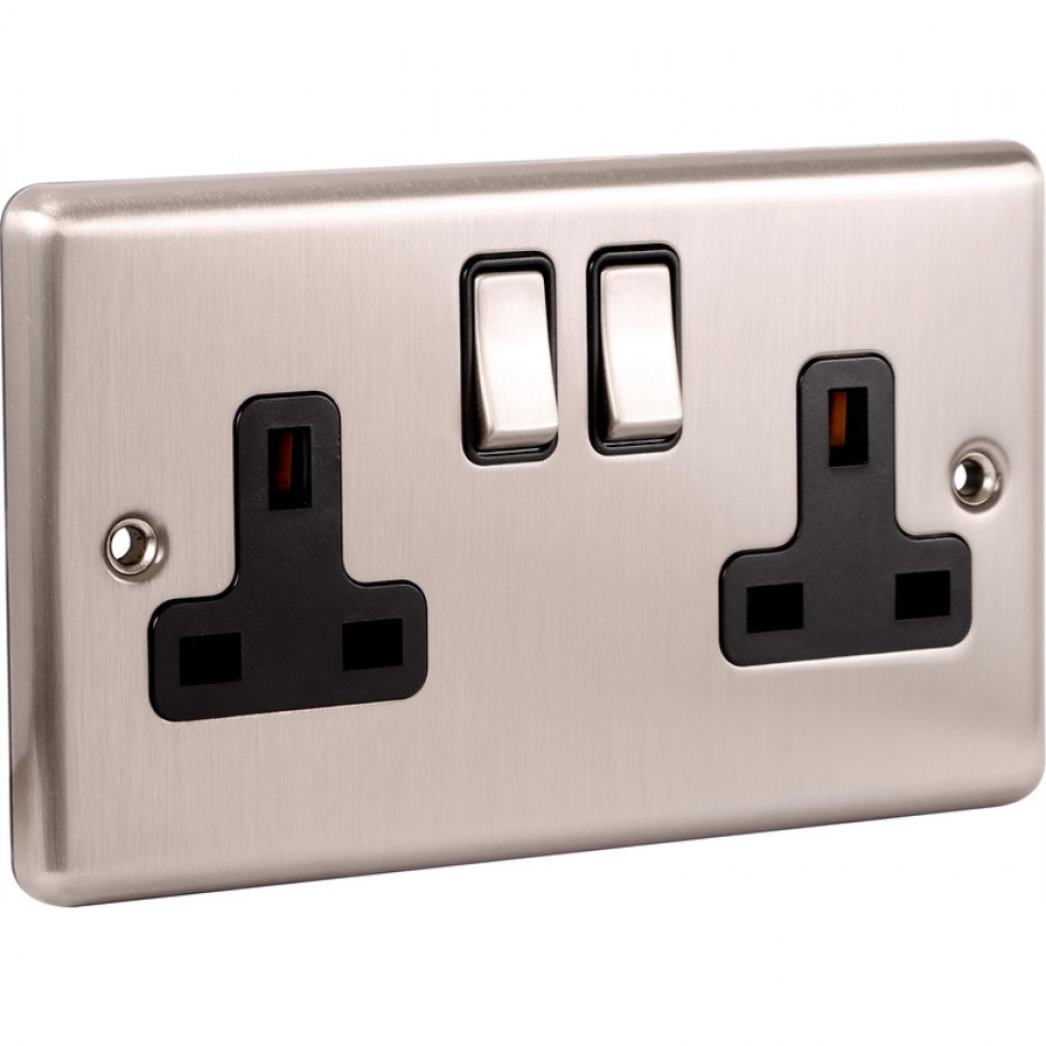 UEP 2 Gang 13A Double Pole Socket Brushed Steel Black Inserts - PS ...