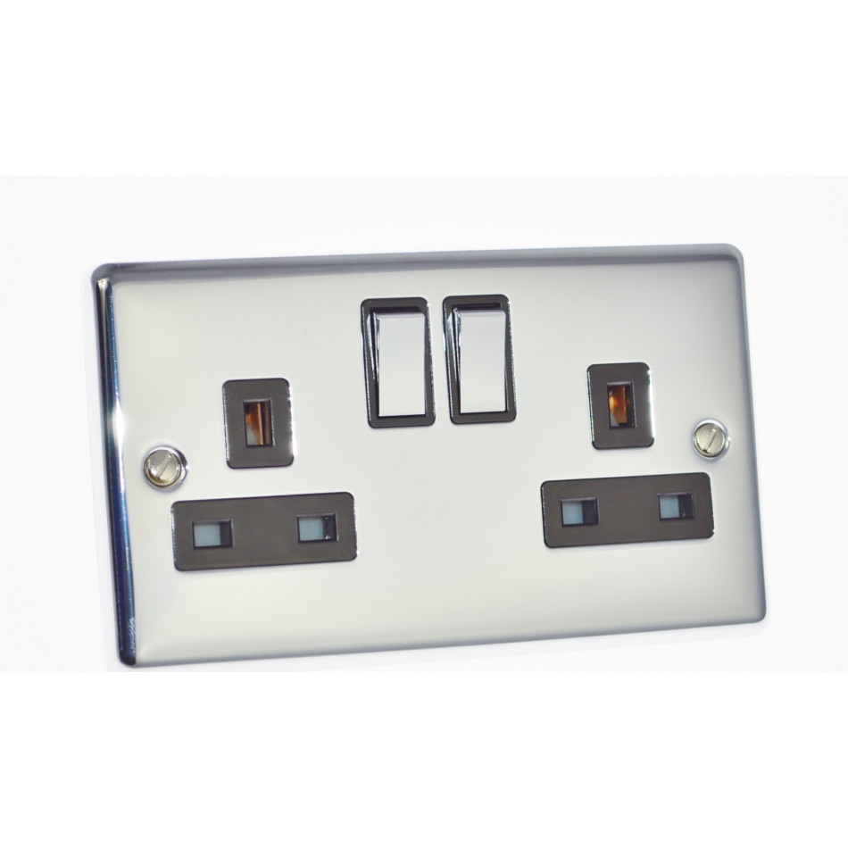 UEP 2 Gang 13A Double Pole Socket Polished Chrome Black Inserts - PS ...