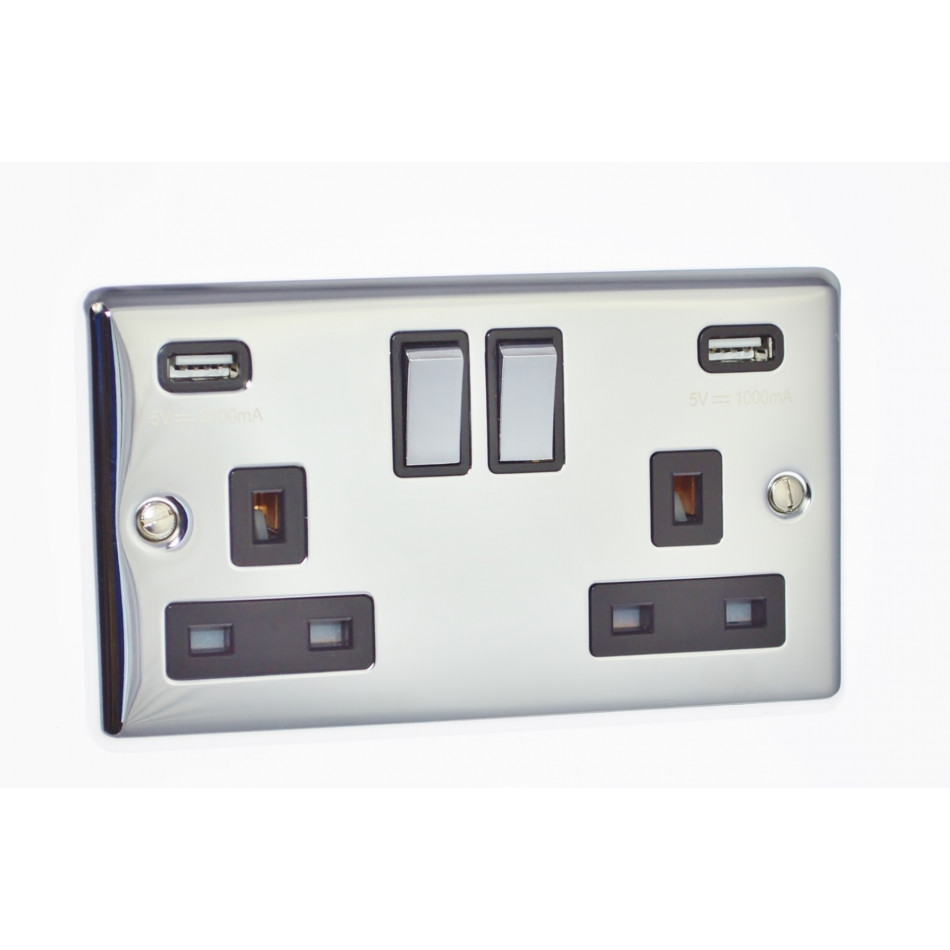 UEP 2 Gang 13A Double Pole Socket with 2 x USB Ports Polished Chrome ...