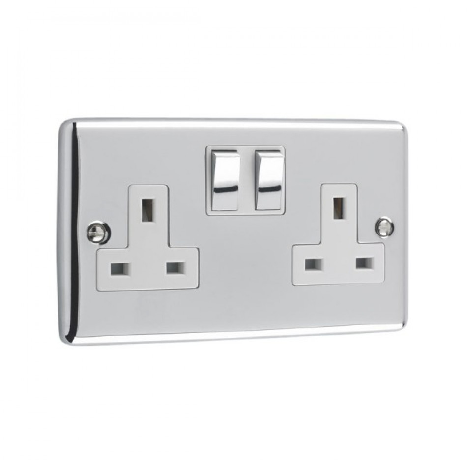 UEP 2 Gang 13A Double Pole Socket Polished Chrome White Inserts W07PCW ...